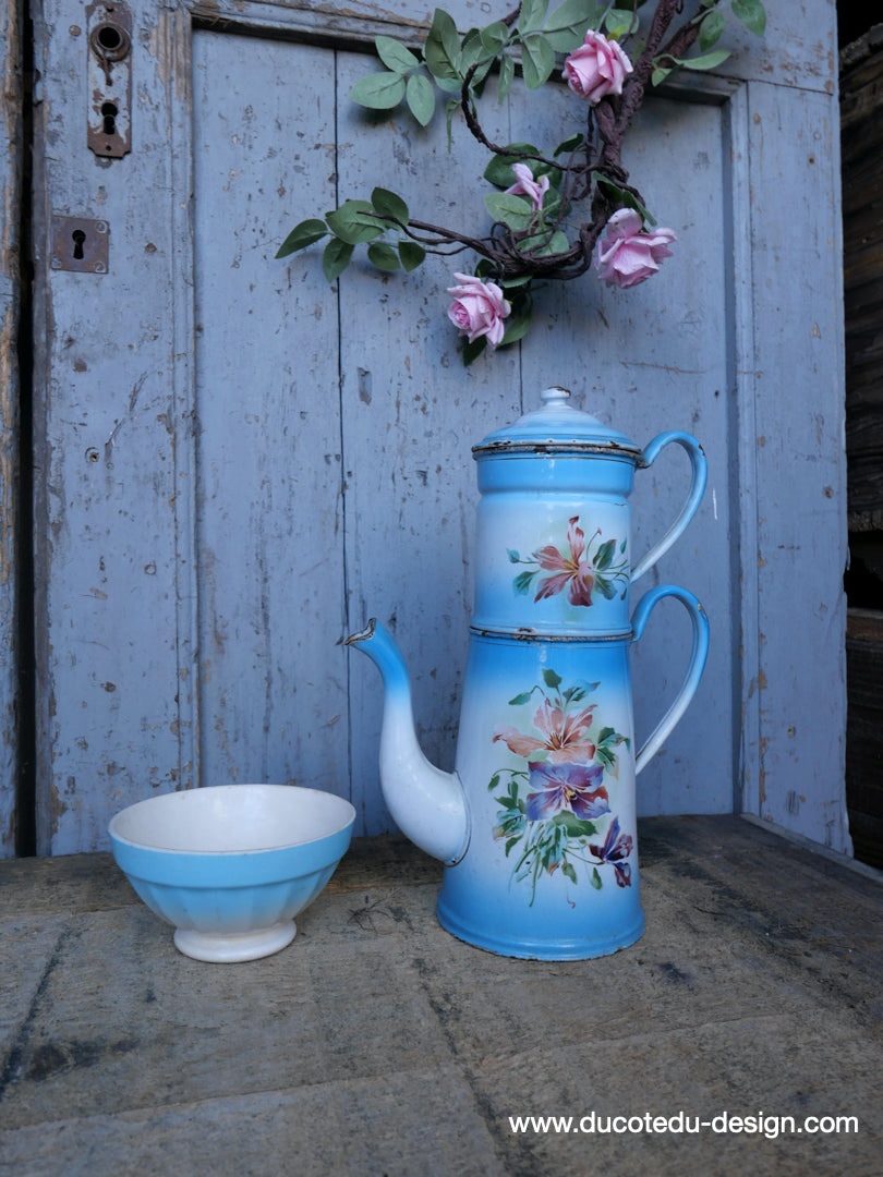 ancienne cafetiere emaillée decor de fleurs – Du coté du design